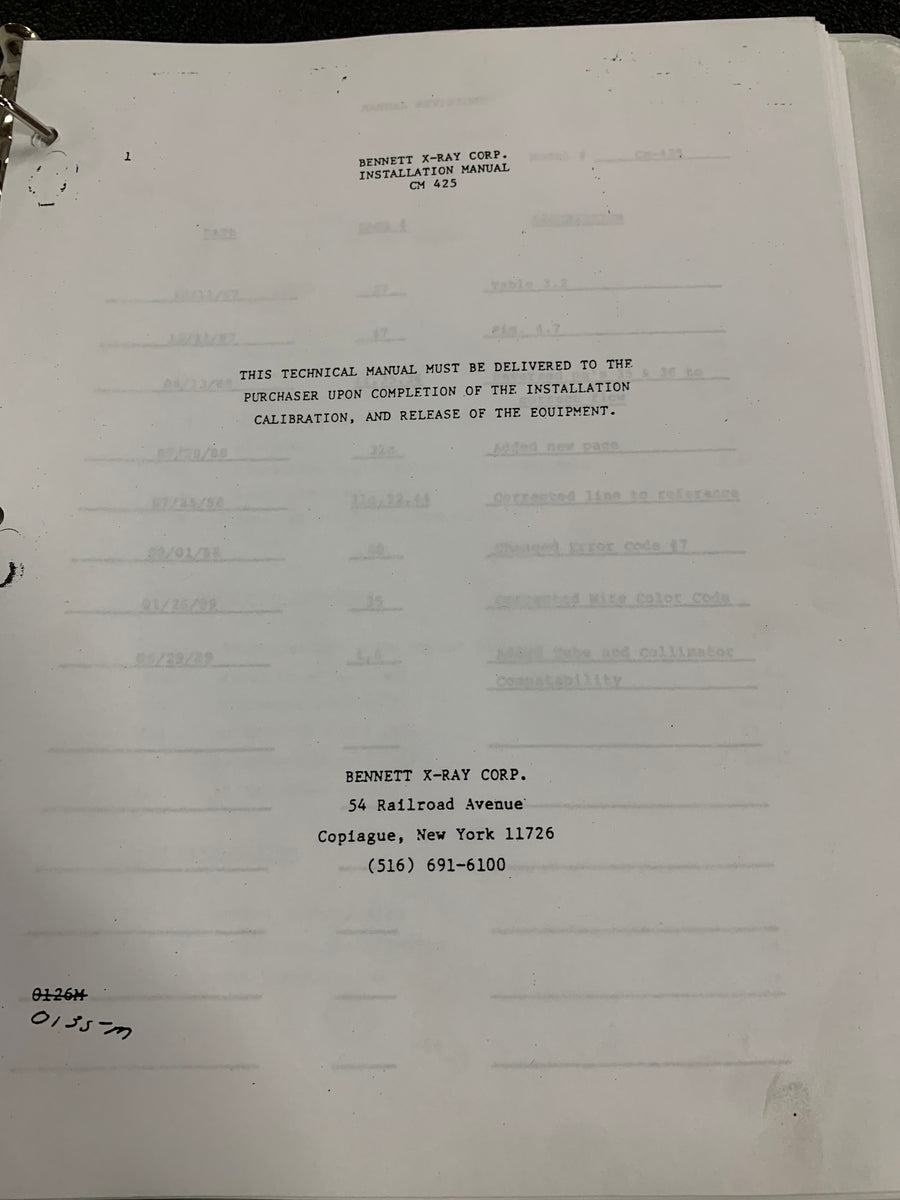 BENNETT X-RAY CM 425 INSTALLATION MANUAL – Puma Export, Inc.