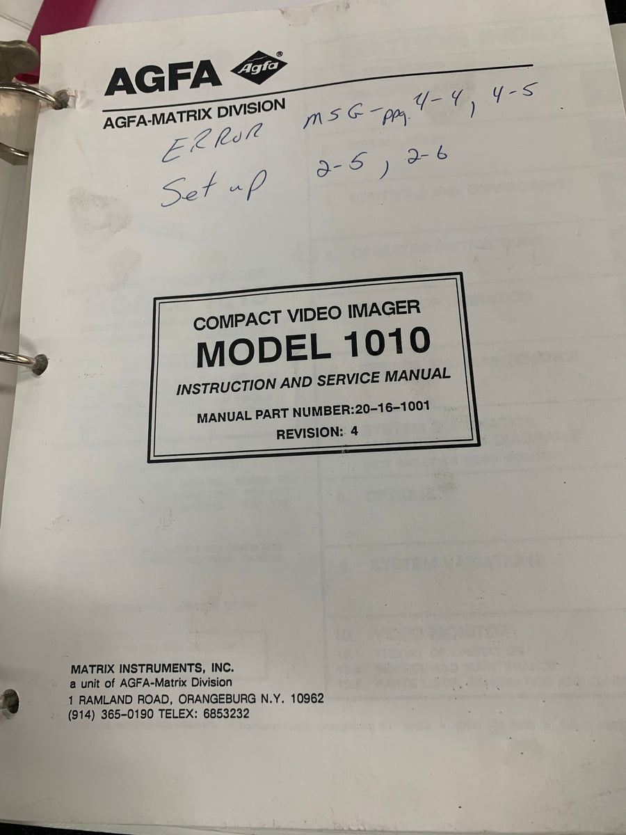 AGFA COMPACT VIDEO IMAGER, MODEL 1010 SERVICE MANUAL – Puma Export, Inc.